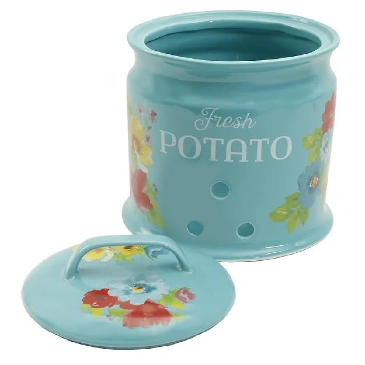 9.5 inch Potato Storage For Pantry, Garlic Keeper For Kitchen Counter, Onion Keeper, Potato Bin, Potatoes Storage, Stoneware Food Storage Canisters with Holes and Lid