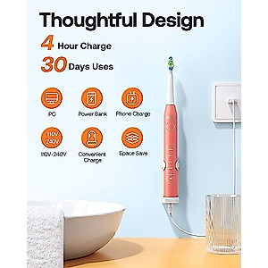 Bitvae Ultrasonic Electric Toothbrush with 8 Brush Heads for Adults and Kids, Rechargeable Travel Toothbrush with a Holder, 5 Modes, Smart Timer, Living Coral D2