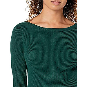 Amazon Essentials Women's Lightweight Ribbed Long-Sleeve Boat Neck Slim-Fit Sweater, Forest Green, Large