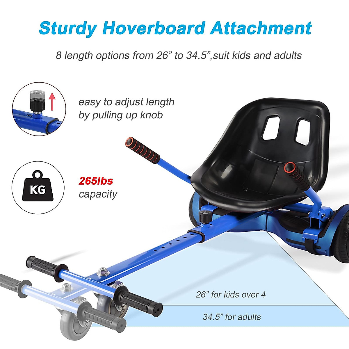 Hoverboard Seat Attachment 265lbs Capacity, 26"-34.5" Adjustable Length Hover Board Go Kart Accessory w/Comfortable&Sturdy Seat,Go Cart Compatible with 6.5” 8” 10” Hoverboard,Kids Adults