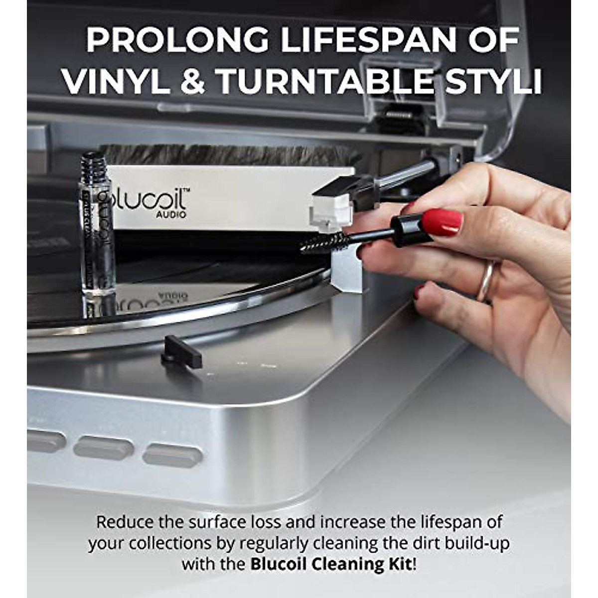 Blucoil Cleaning Kit for Turntable Stylus, LP and Vinyl Records - Anti-Static Carbon Fiber Brush, Velvet Record Cleaning Brush Stand 30ml Vinyl Record-Cleaning Solution 3.5ml Stylus Cleaner Fluid