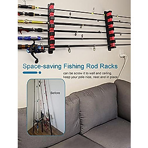 Ducurt Fishing Rod Rack Holders Wall-mounted Fish Pole Holder for Garage & Boat 6-Rod Storage Racks (Horizontal Red, 1 Pair)