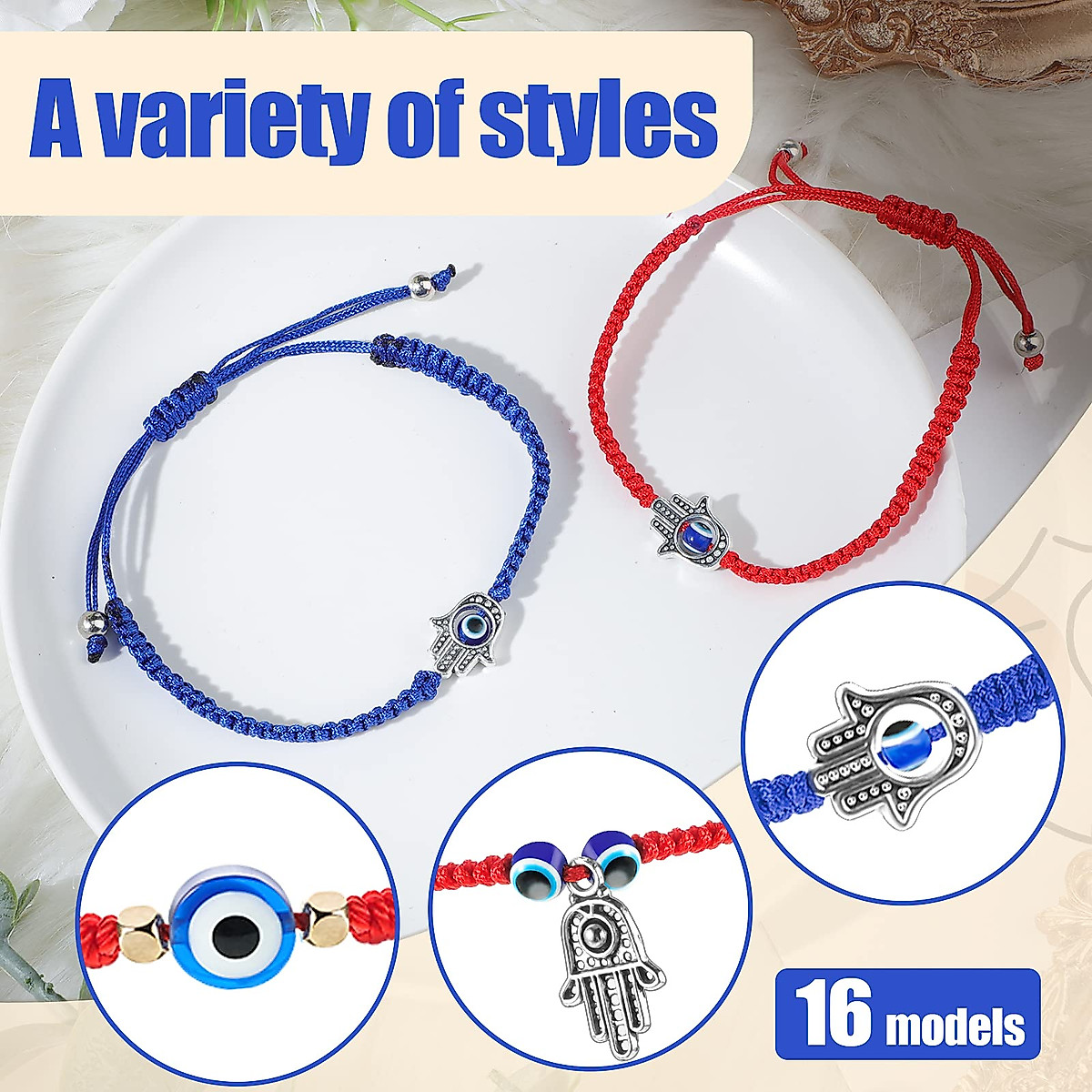 16 Pieces Evil Eye Bracelets Adjustable Braided Lucky Bracelet Ojo Bracelet Black Red Cord Bead Bracelet Hand Kabbalah Protection Amulet Gifts for Christmas Women Men (Classic Style)