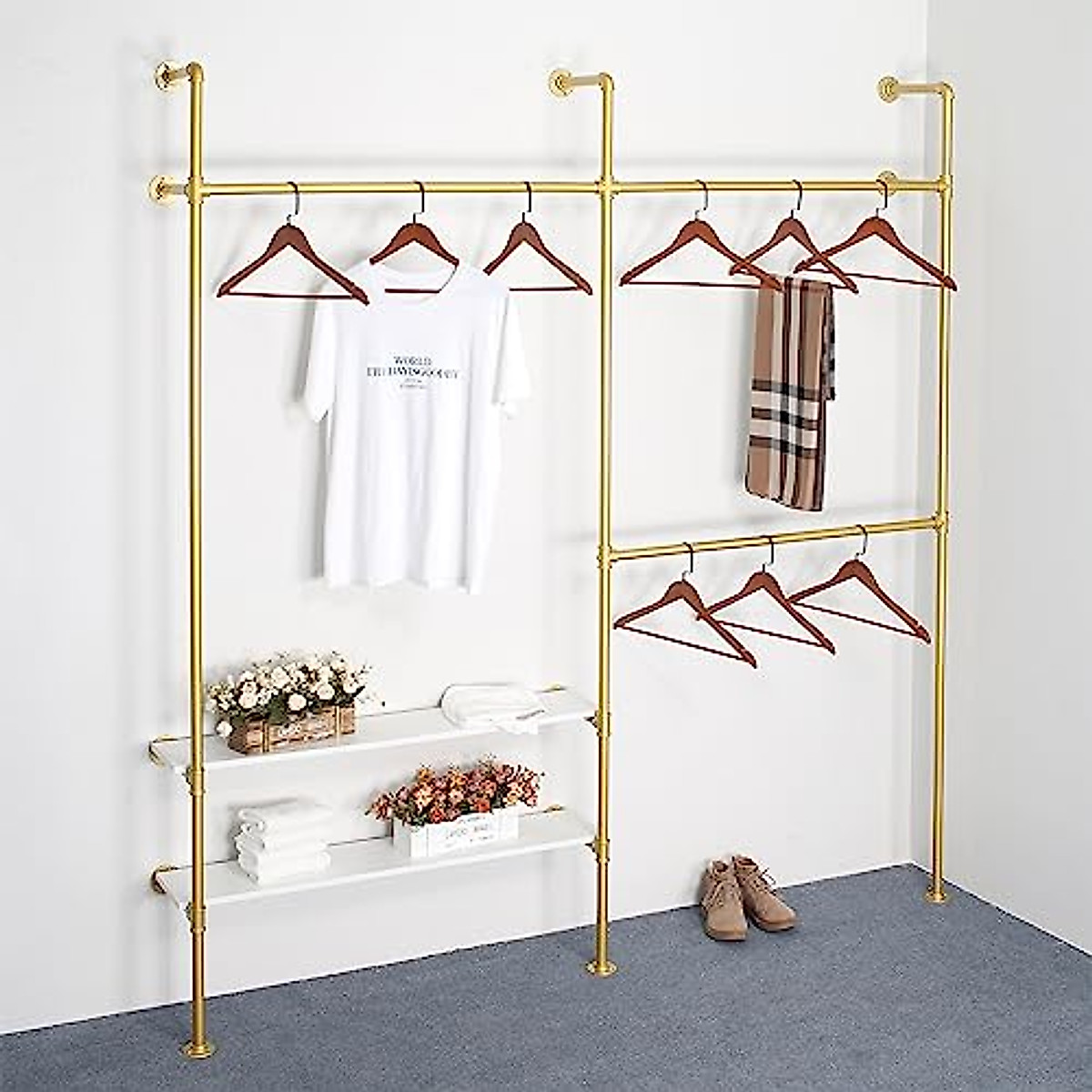 OUBITO Industrial Pipe Clothing Rack,Commercial Grade Pipe Clothes Racks,Heavy Duty Wall Mounted Closet Storage Rack,Hanging Clothes Retail Display Rack Garment rack,Gold 2 Board With Crossbar