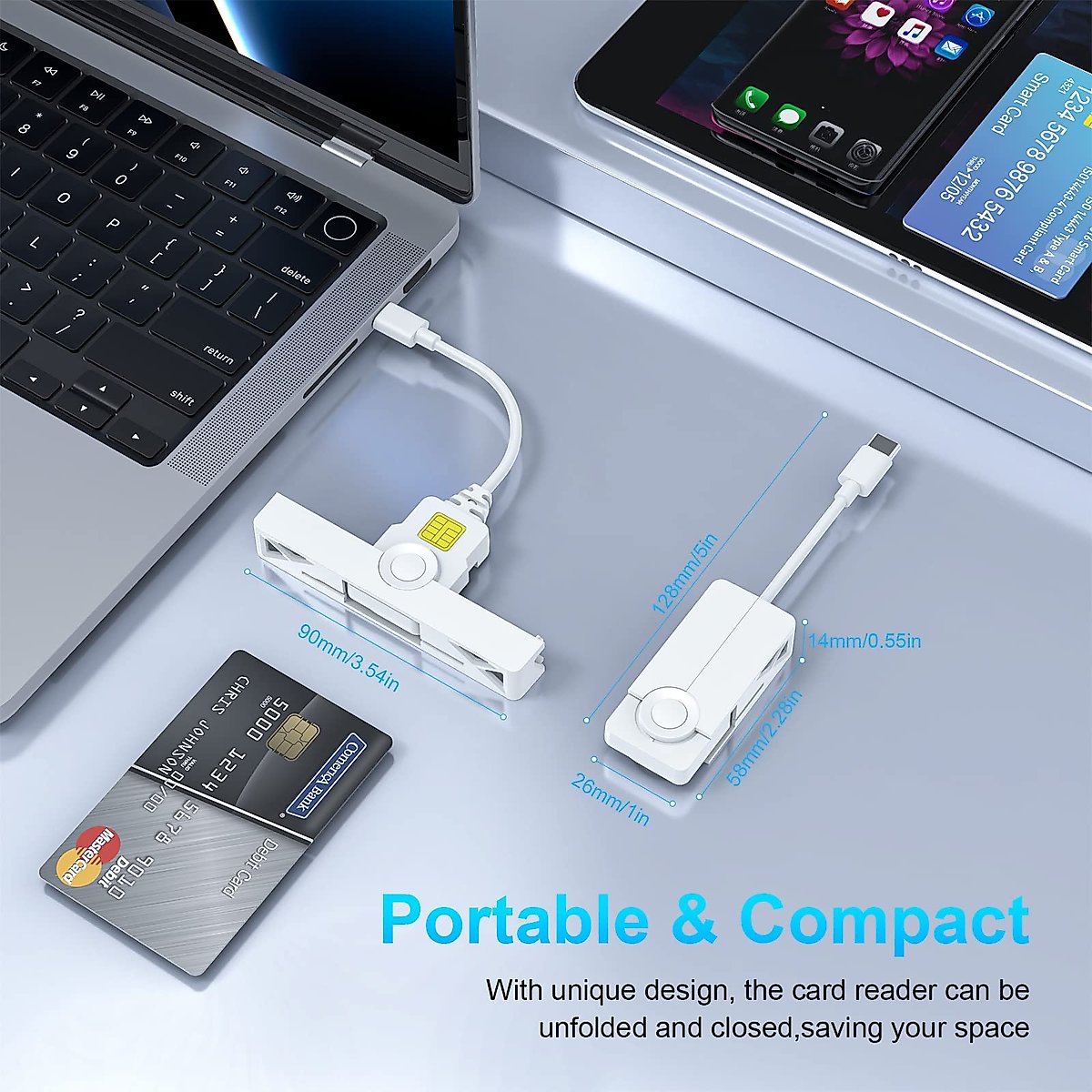 Type C CAC Reader, DOD Military USB C Common Access CAC Card Reader, USB C Smart Card Reader PIV CAC Reader Credit Card Reader Compatible with Windows, Mac OS(Mini Fold and Portable Type C)