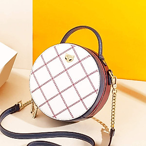 Leather Circular Handbags for Women, Genuine Leather Ladies Round Crossbody Bags with Adjustable Chain Strap Small Women's Fashion Shoulder Bags Mini Girls Leather Messenger Bags Satchel Purses(White)