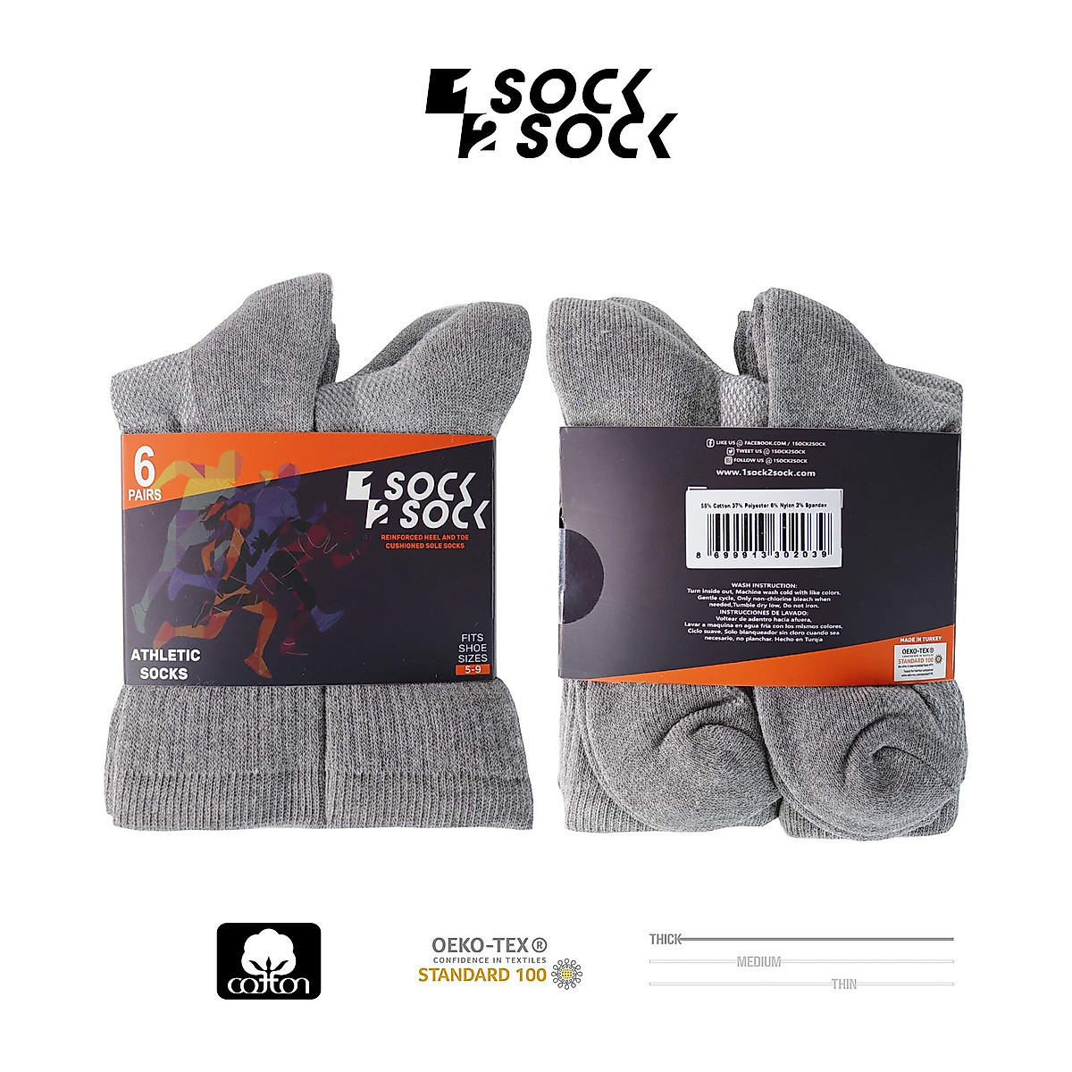 1SOCK2SOCK 6 Pack Performance Cotton Cushion Crew Athletic Sport Socks Moisture Wicking Arch Support Band Grey