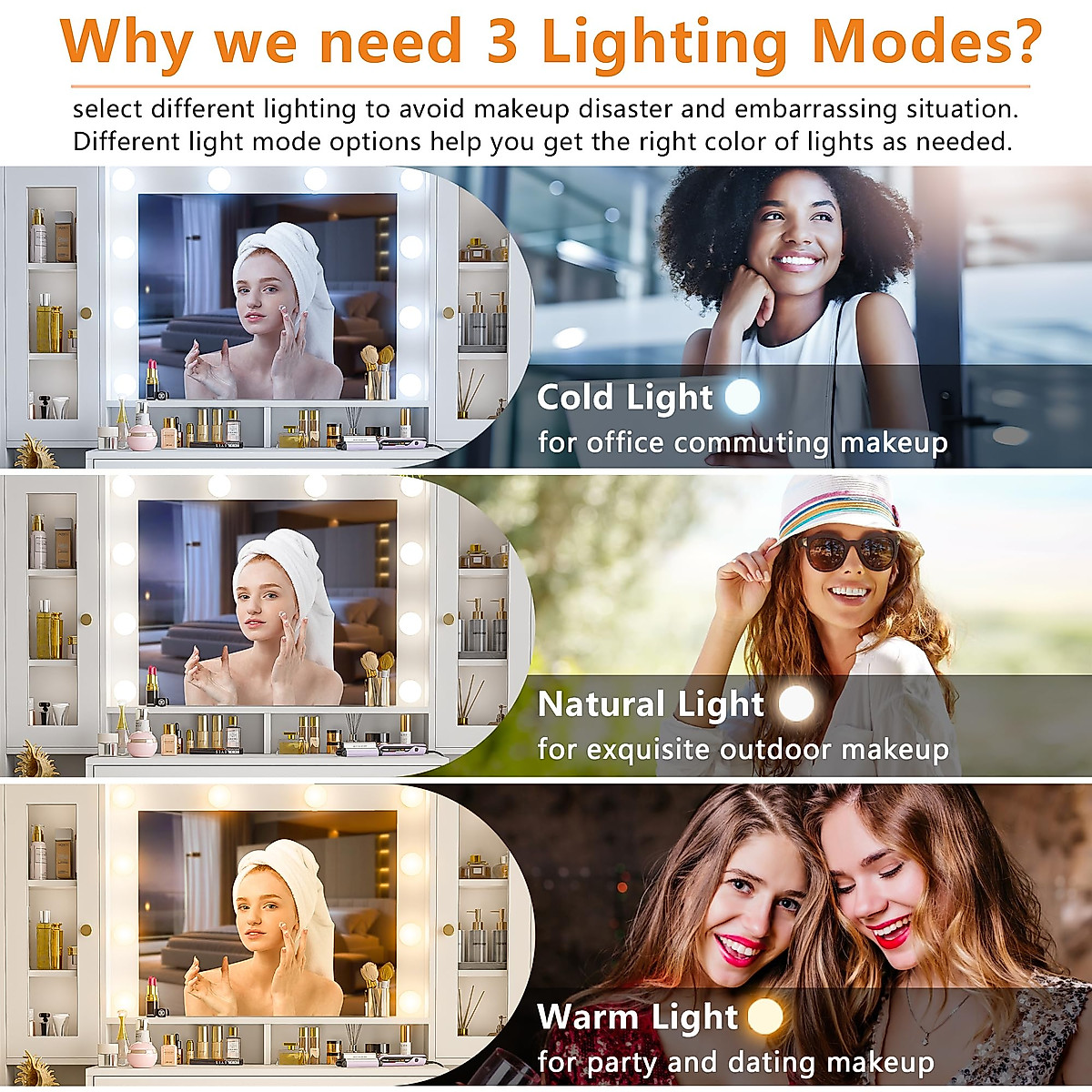 elifine Vanity Desk with Mirror and Lights & Charging Station, Makeup Vanity Mirror with 3 Colors Lighting Adjustable Brightness, Large Dressing Table with Nightstand, 7 Drawers & 2 Cabinets