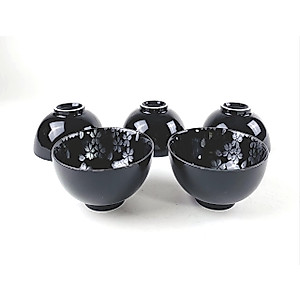 JapanBargain 4690, Japanese Porcelain Rice Bowls Gift Set,Cherry Blossom Sakura Pattern Miso Soup Bowls, Black and Silver Color, Set of 5, Made in Japan