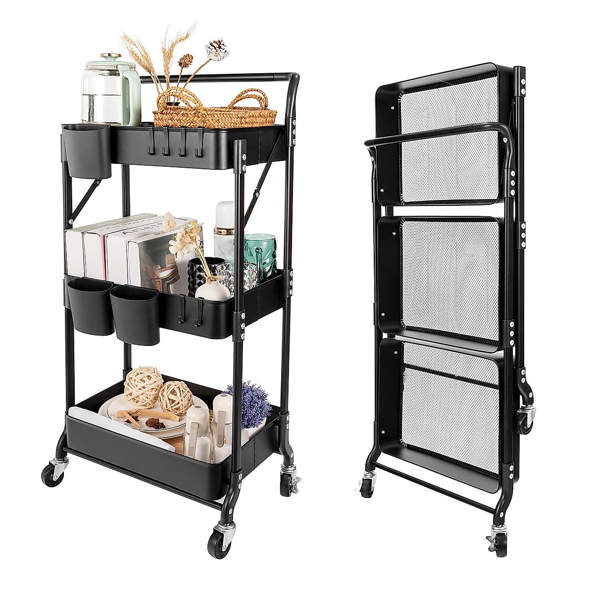 3 Tier Foldable Rolling Cart with Wheels, Folding Utility Cart Organizer, Collapsible Rolling Storage Cart with 3 Hanging Cups & 6 Hooks for Kitchen, Office, Nursery(Black)