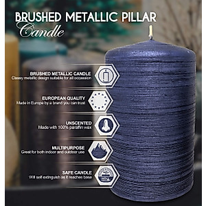 Hyoola Brushed Metallic Pillar Candles - 6 Pack - Navy Blue Pillar Candles - European Made Decorative Pillar Candles - 2.4 Inch x 4 Inch