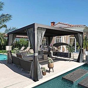 EROMMY 10' x 12' Outdoor Louvered Pergola, Patio Hardtop Gazebo, Sun Shade Shelter, Adjustable Metal Roof Hardtop Gazebo for Deck Patio Garden Yard, Curtains and Netting Included, Black
