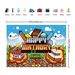 Pixel Video Game Theme Backdrop Children Boy Happy Birthday Party Decoration Banner Miner Mining Earth Block Banner Pixel Cartoon Photography Props (7x5FT(210X150cm))