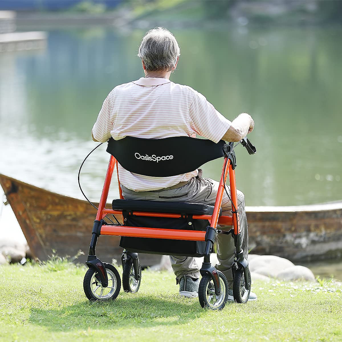 OasisSpace Pneumatic Tires Rollator Walker for Seniors - Heavy Duty Rollator Walker with Seat & Large Padded Backrest, All Terrain Rolling Walker 450lbs Height Adjustable