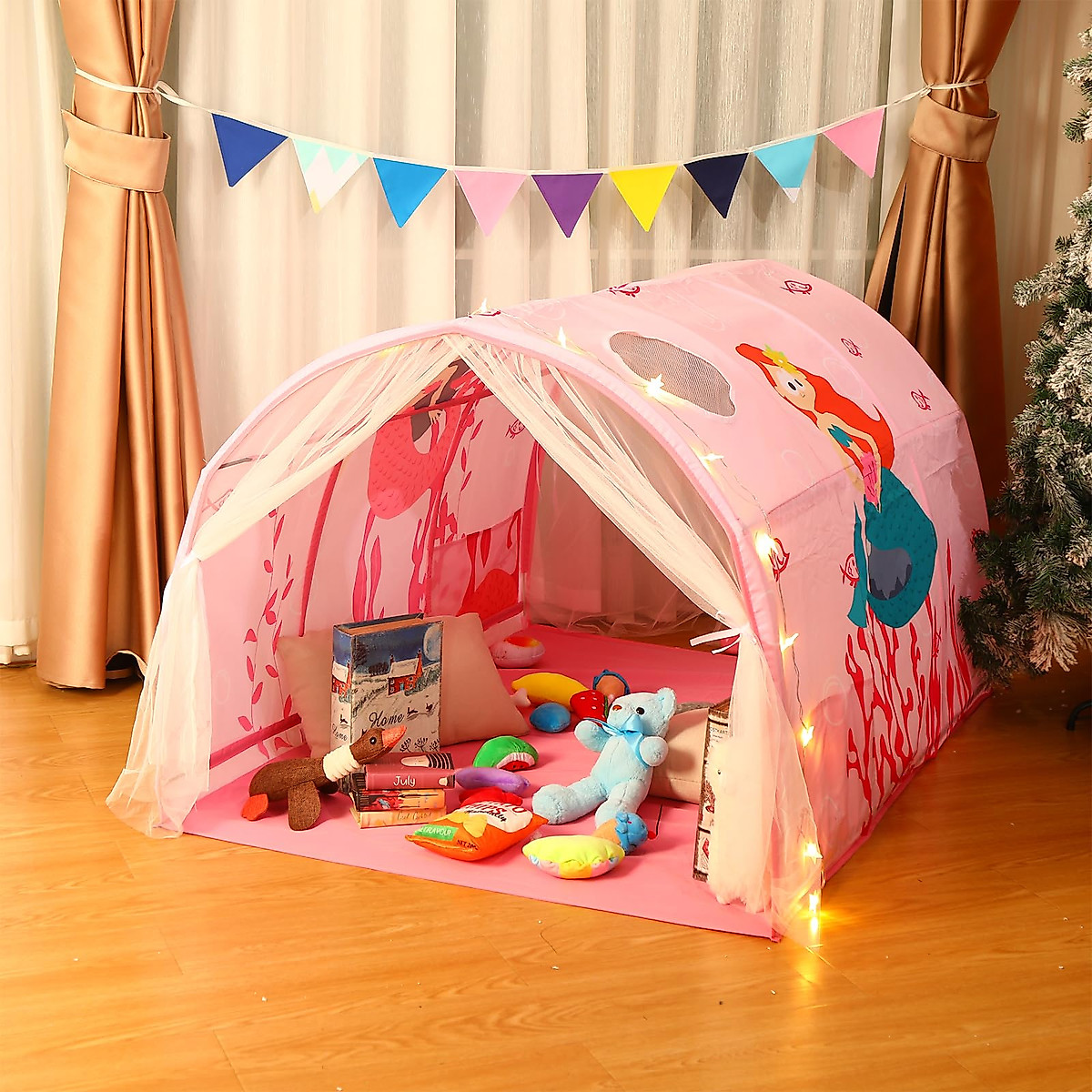 Berlune Play Tent for Girls Boy, Mermaid Dream Bed Tents with Star String Light, Banners, Double Net Curtain, Breathable Pocket, Carry Bag Portable Kids Playhouse Pink Sleeping Tent, 55''x 39'' x 31''