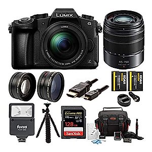 Panasonic LUMIX G85 4K Mirrorless Camera with G Vario 12-60mm and 45-150mm Lens, 128GB SD Card, Camera Bag, Battery and Dual Charger, 58mm Lens Set, Digital Flash, Tripod and Cable Bundle (9 Items)
