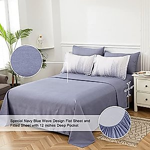 Navy Blue Comforter Set Queen,7 Pieces Bed in a Bag Colorful Abstract Art Gradient Comforter Soft Microfiber Bedding Set -1 Comforter, 1 Flat Sheet, 1 Fitted Sheet, 2 Pillow Shams,2 Pillowcases