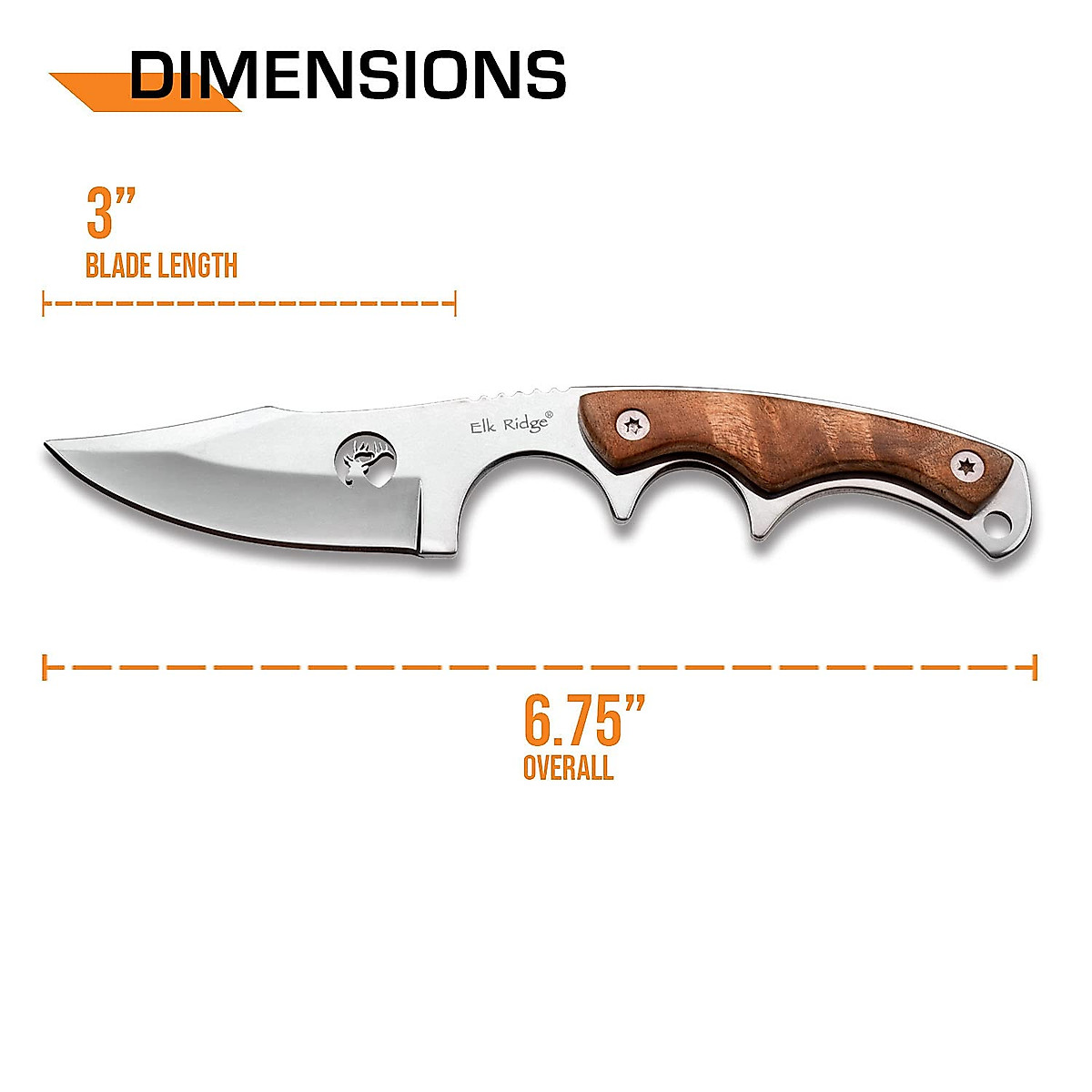 Elk Ridge - Outdoors Fixed Blade Knife - 6.75-in Overall, Mirror Finished Stainless Steel Blade, Burl Wood Handle - Full Tang Construction, 1680D Nylon Sheath - Hunting, Camping, Survival - ER-534