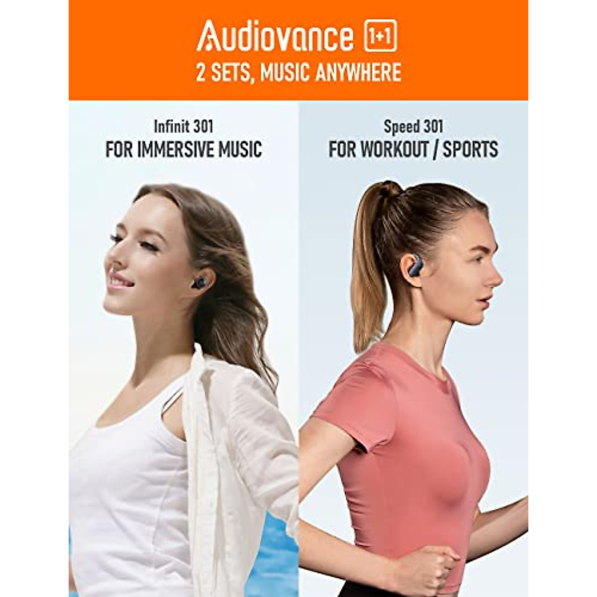 Audiovance 2 Sets Wireless Earbuds Bluetooth Headphones Ideal Gifts, Infinit 301 & Speed 301, 2 Sets Wireless Ear Buds for iPhone & Android (SPIF 301)