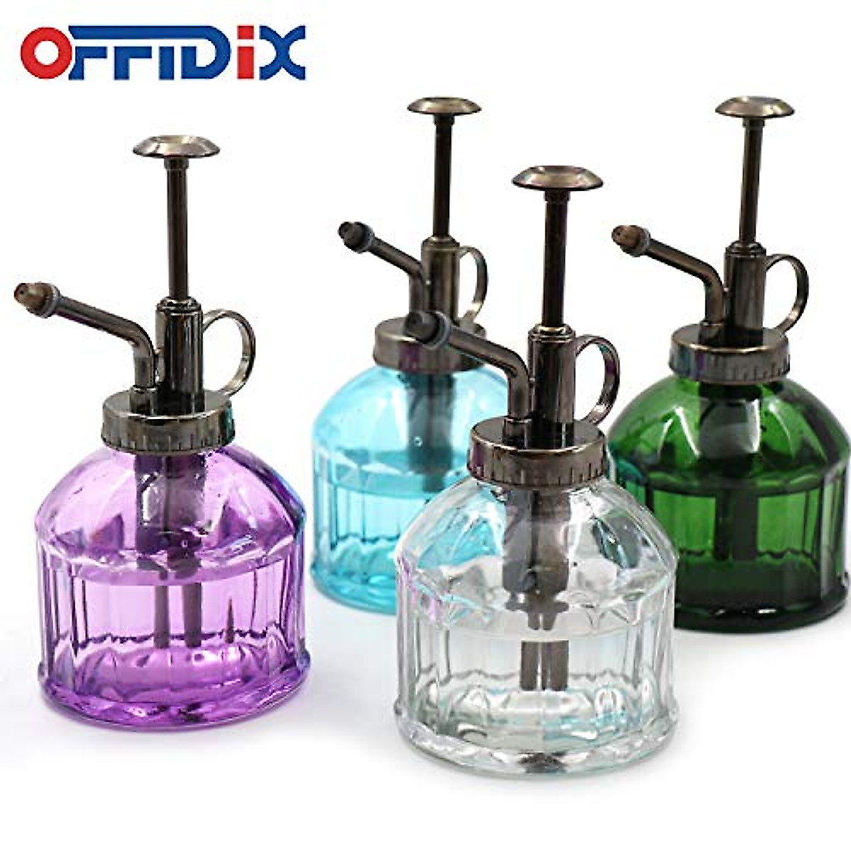 OFFIDIX Glass Plant Mister, 6.3 Inches Tall Vintage Style Spritzer Bronze Plastic Top Pump One Hand Watering Can Indoor Plant Spray Bottle for Garden, Plants, Cleaning (Dark Green)