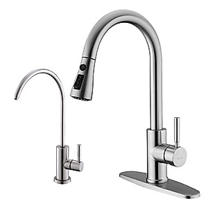 WEWE Single Handle High Arc Brushed Nickel Pull Out Kitchen Faucet,Single Level Stainless Steel Kitchen Sink Faucets with Water Filter Faucet