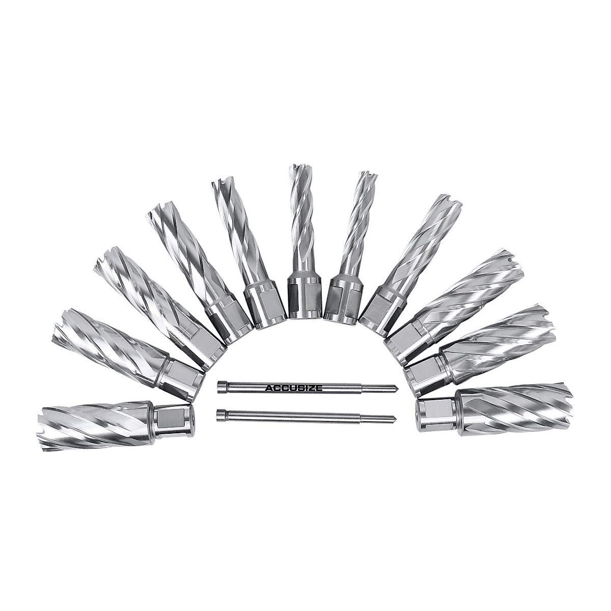 Accusize Industrial Tools 13 Pcs/Set 7/16'' to 1-1/16'' H.S.S. Annular Cutters, 2'' Cutting Depth with 2 Pilot Pins, N1