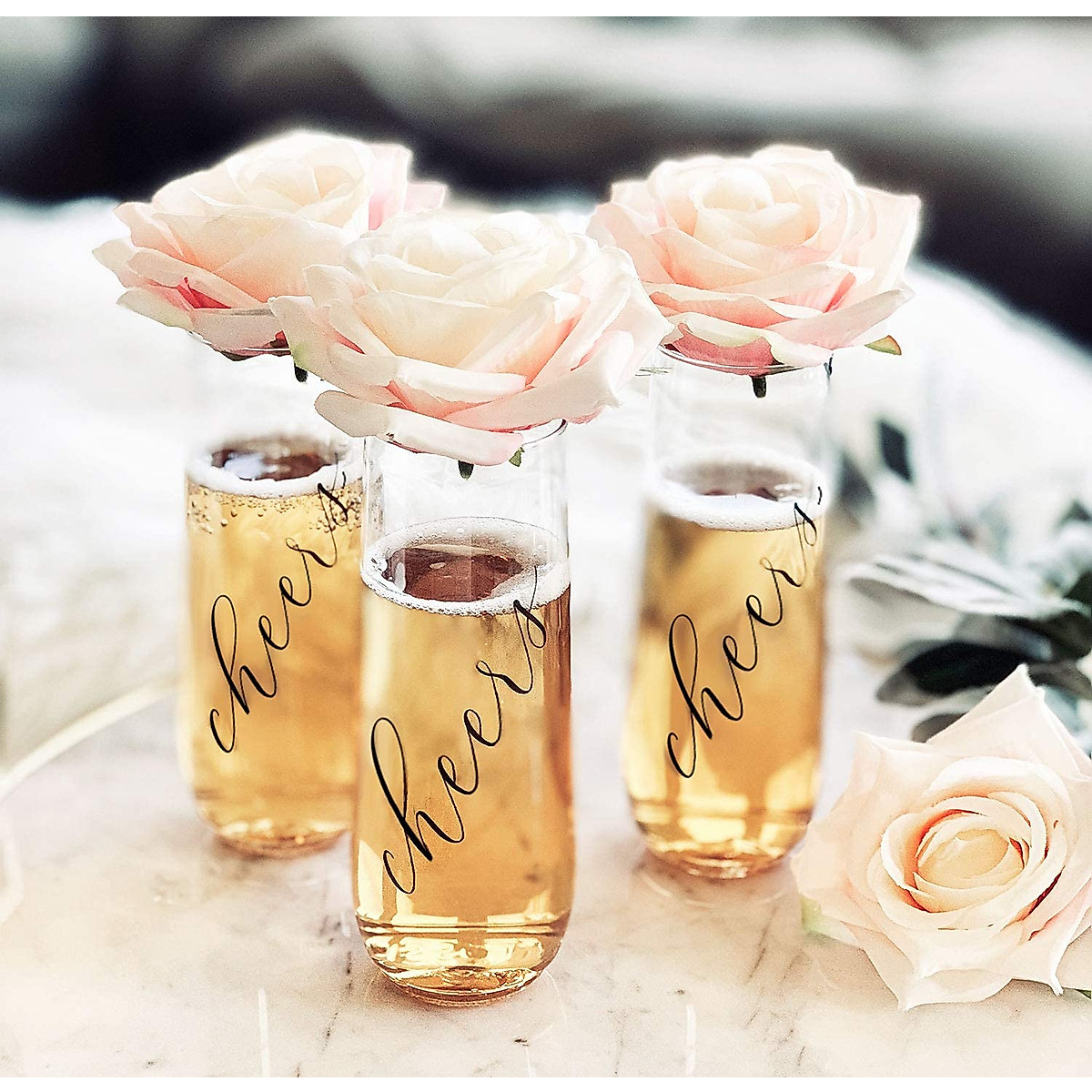 ModParty Cheers Flutes | Set of 12 | Wedding Reception, Bachelorette Party, Bridal Brunch Plastic Stemless Cups | Bridesmaid Keepsakes | Toasting Drink Shatterproof Glass