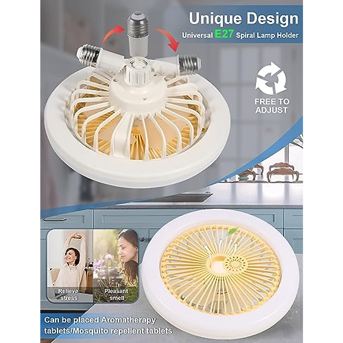 VONFAME Enclosed Ceiling Fan with Light and Remote Small 10-inch E27 Bladeless Ceiling Fans Dimmable LED Lights 3 Gear Wind Speeds Family Summer Gift for Garage Tool Room and Store Room(Yellow)