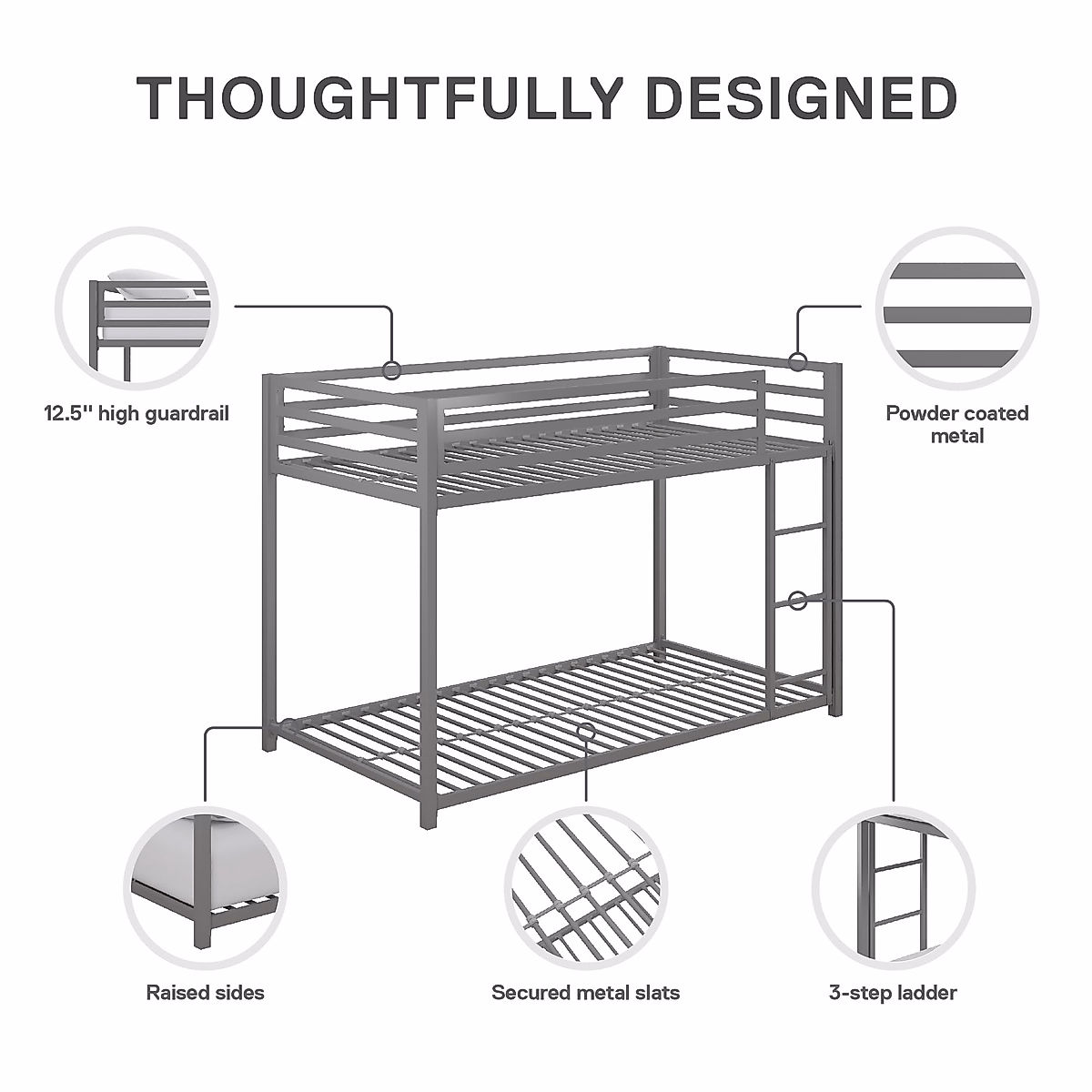 DHP Miles Metal Bunk Bed, Silver, Twin over Twin