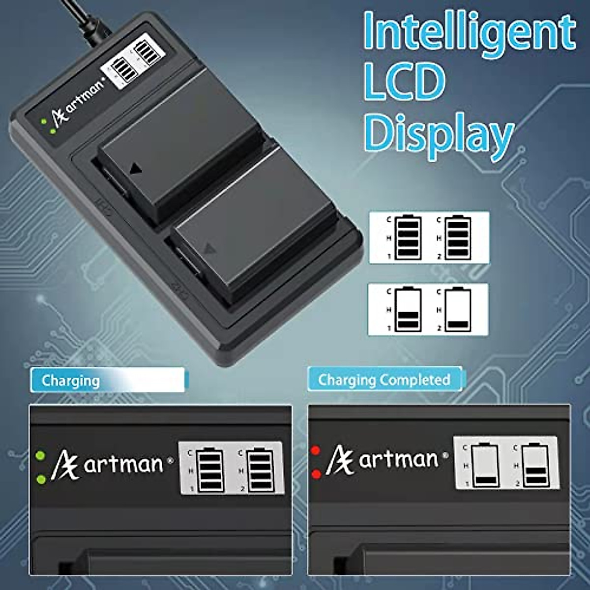 Artman EN-EL25 EN-EL25A Battery 2-Pack and LCD USB Dual Charger for Nikon Z50, Z FC, Z 50 Digital Cameras, Compatible with Nikon EN-EL25 ENEL25 EN-EL25a 4241 Battery, Nikon MH-32 Charger (1600mAh)