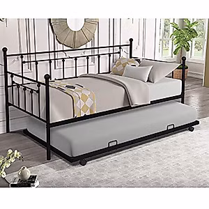 HUAYICUN Daybed with Trundle Twin Size Metal Frame Daybed and Roll Out Trundle (Black)