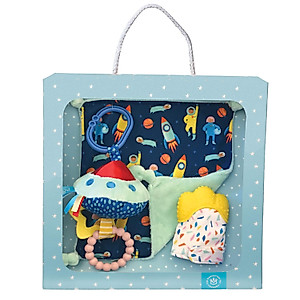 Manhattan Toy Space Themed Baby Gift Set with Silicone Teething Mitt, Soothing Baby Lovie & Clip-On Teether & Rattle