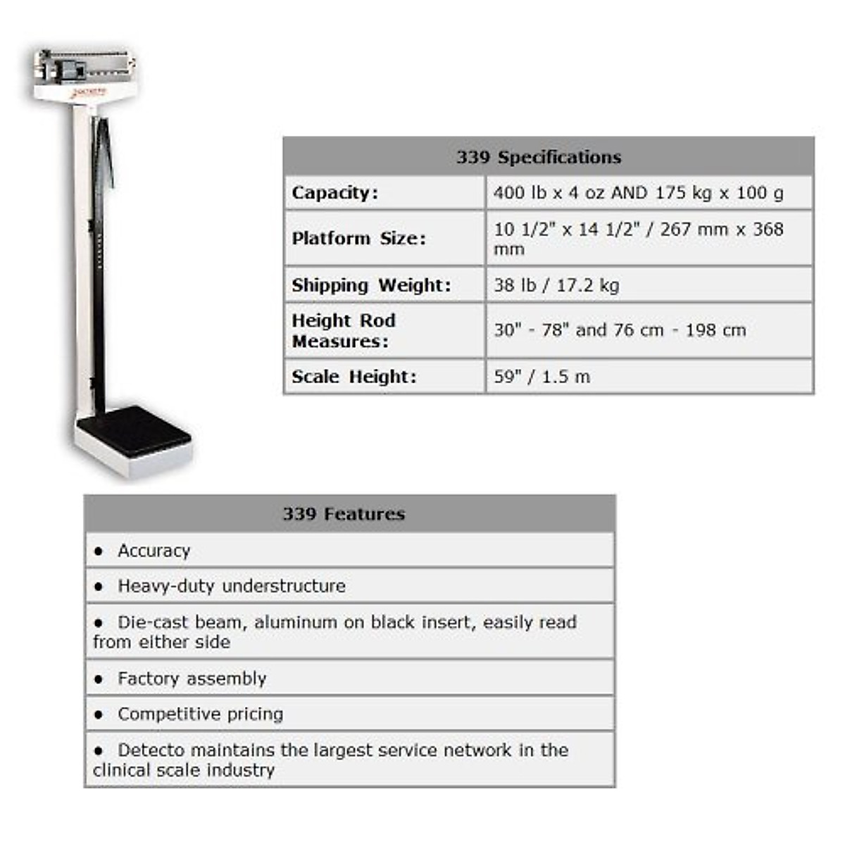 Detecto Physician Scale, Eye Level with Height Rod, Stainless Steel, 400lbs. Model#339S, Made in the USA