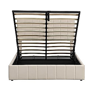 Upholstered Platform Bed with Gas Lift up Storage, Full Size Bed Frame with Storage Underneath and Tufted Headboard, Wooden Platform Bed with Hydraulic Storage System (New, Beige )