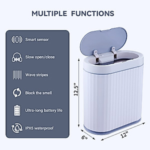 ELPHECO Bathroom Trash Can - 2.5 Gallon Waterproof Sensor Trash Can, 10 Liter Motion Sensor Trash Can, Slim Garbage Bin for Narrow Kitchen and Office Use, White with Grey Trim