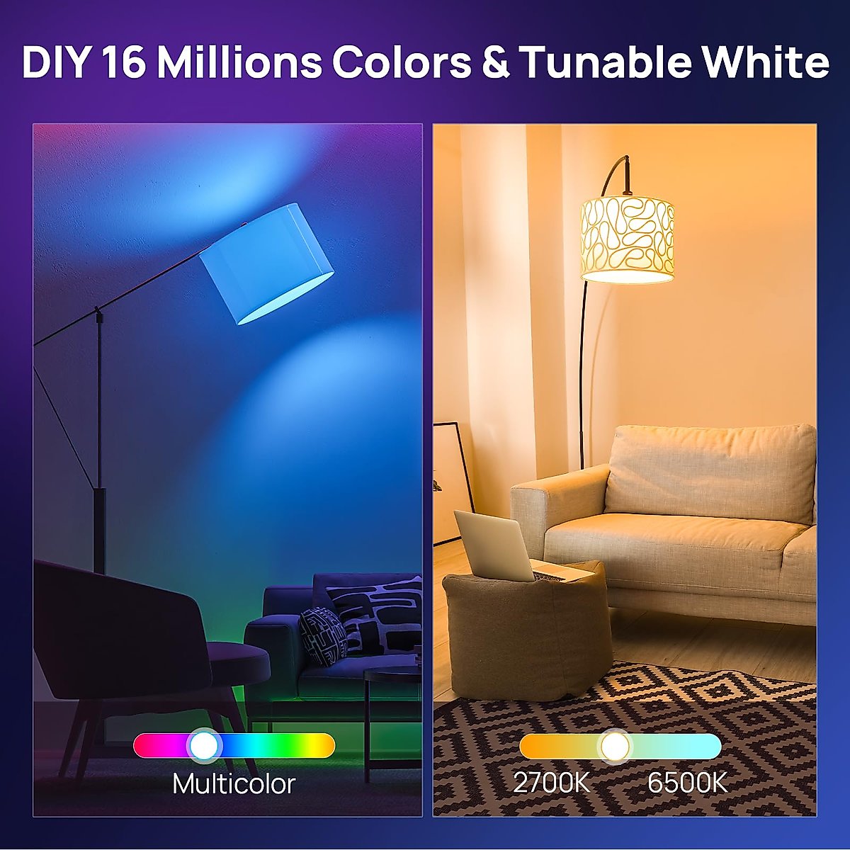 Consciot Smart Light Bulbs, WiFi Color Changing Light Bulb, LED Light Bulb That Compatible with Alexa & Google Home, A19 E26 Smart Bulb 60 watt Equivalent, Music Sync, Dimmable Smart LED Bulb, 4 Pack