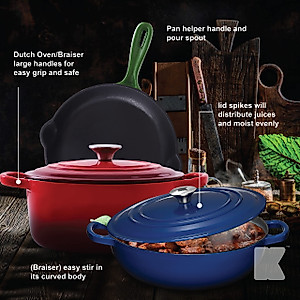 Enameled Cast Iron Cookware Set - 5 Pieces Solid Colored Braiser Dish, Fry Pan, & Dutch Oven Pot with Lids - Heavy Duty Non-Stick Kitchen Cookware Sets for Induction, Gas Stoves & All Cooktops