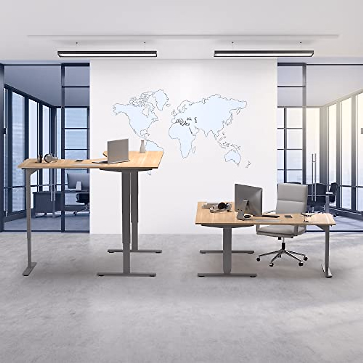 Progressive Desk Corner Standing Home Office Desk, White Frame, Grey Oak