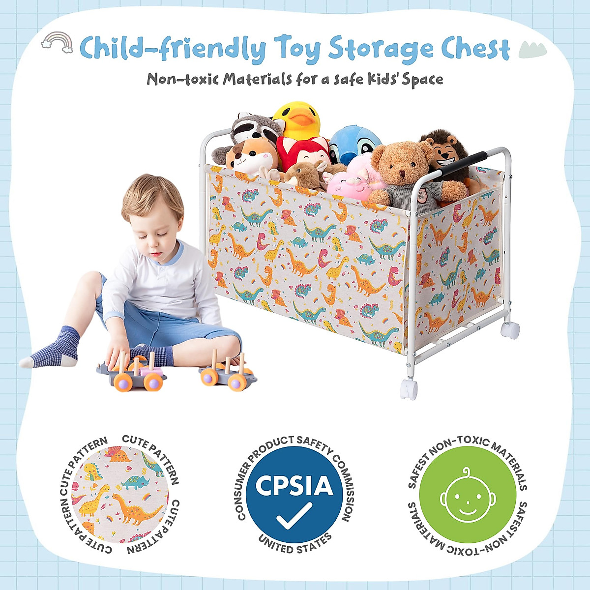 STORAGEIDEAS Large Toy Box Cart with Wheels, Sturdy Kids Toy Storage Organizer, Toy Chest Storage Bins Baskets for Boys, Girls in Living Room, Nursery, Playroom, Bedroom, 1 Large Section, Dinosaur