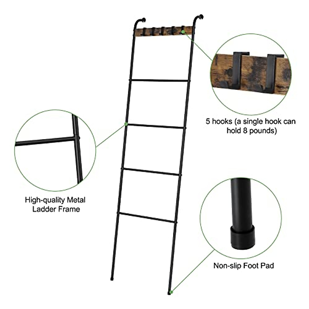 Blanket Ladder Metal Black Blanket Holder with Hooks Leaning Towel Rack Blanket Ladders for The Living Room Bathroom Bedroom (Matte Black)