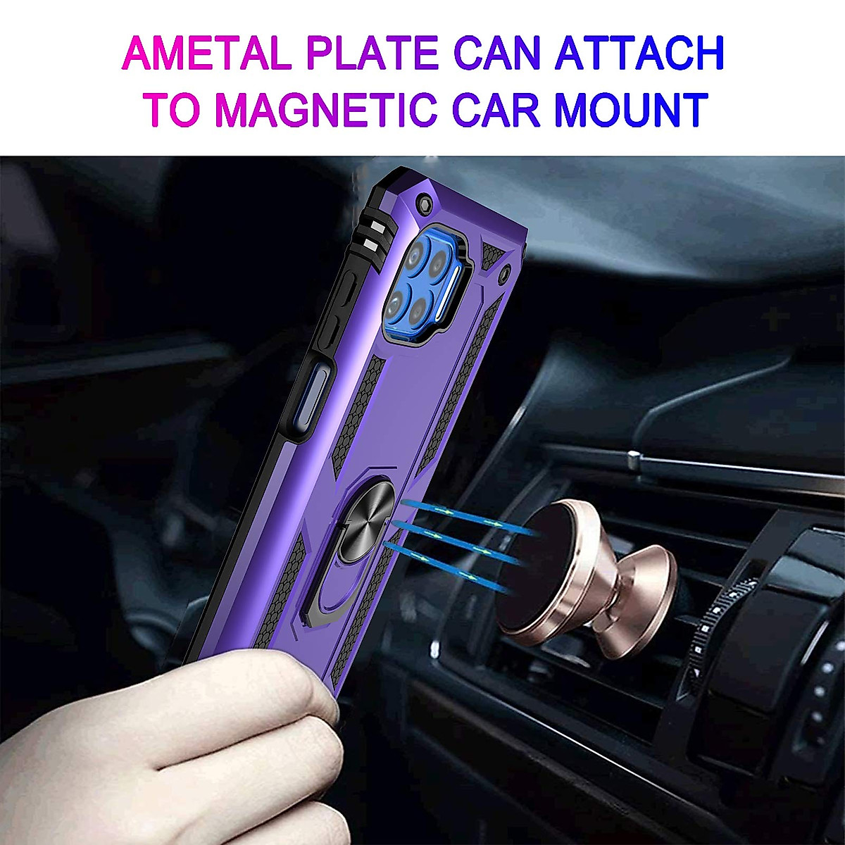 Androgate Compatible with Moto One 5G Case, Motorola One 5G UW Case, with Tempered Glass Screen Protectors, Military-Grade Metal Ring Kickstand 19ft Drop Tested Shockproof Cover Case, Purple