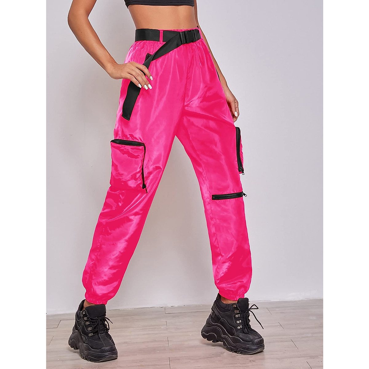 MakeMeChic Women's Casual Plain Mid Waist Utility Cargo Pants Jogger Pants with Belt Hot Pink XL