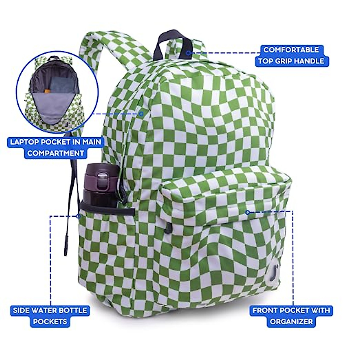 J World New York Oz School Backpack for Girls Boys. Cute Kids Bookbag, Matcha Checkers, One Size
