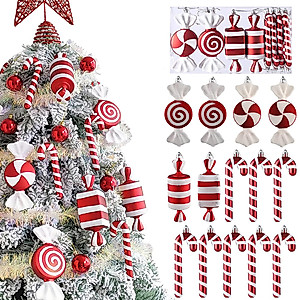 14Pcs Christmas Candy Cane Lollipop Ornaments for Christmas Tree Decorations,Red and White 6.5Inch Assorted Shapes Hanging Ornament with Ribbon for Xmas New Year Holiday Festival Home Party Decor