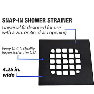 4-1/4” Square Snap-in Black Shower Drain - Matte Black Shower Drain - 4.25 inch Shower Drain Cover - Durable Square Shower Drain and Floor Drain Cover- **3" OD Snap-in Prong to Prong**