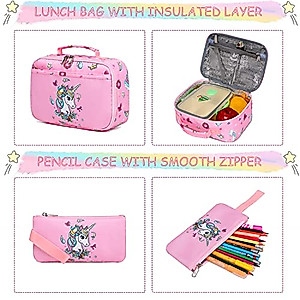 Girls Unicorn Backpack, Elementary School Kids Backpack for Girls Unicorn Bookbag Set with Chest Strap Lunch Bag and Pencil Case