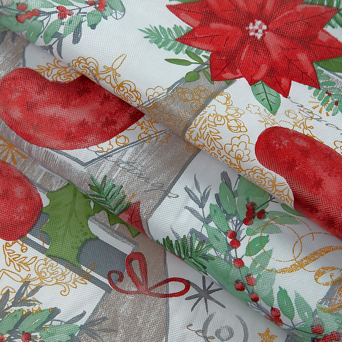 Newbridge Merry Christmas Stocking Holiday Vinyl Flannel Backed Tablecloth - Noel Christmas Wreath, Festive Seasons Greetings Print Wipe Clean Easy Care Xmas Tablecloth, 60” x 102” Oblong/Rectangle
