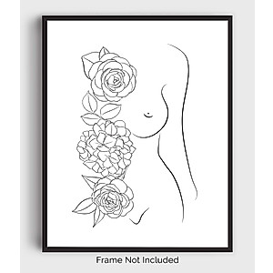 Woman’s Body with Flowers Line Art - 11x14 UNFRAMED Abstract Minimalist Decor Wall Print in Black on White.