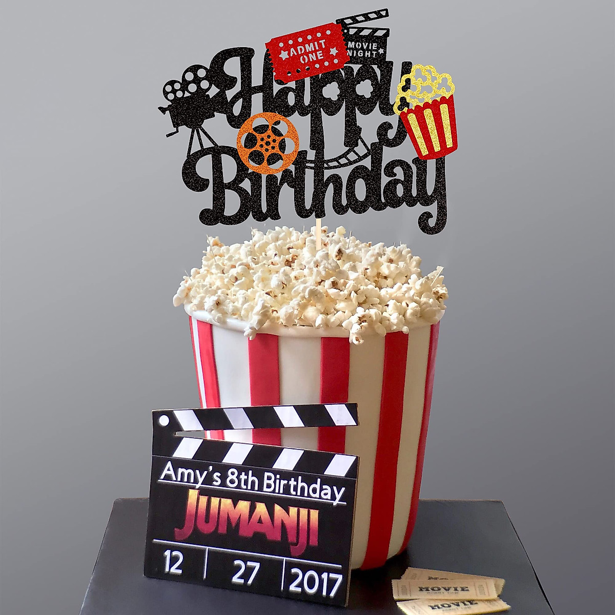 1 PCS Movie Night Cake Topper Happy Birthday Sign Cake Pick Decorations for Theater Video Recorder Roll Camera Popcorn Hollywood Theme Family Film Baby Shower Birthday Party Supplies