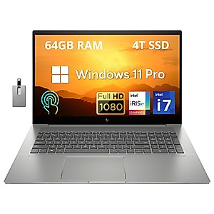 HP Envy 17.3'' FHD Touchscreen Business Laptop, Intel Core i7-13700H, 64GB RAM, 4TB PCIe SSD, Intel Iris Xe Graphics, Backlit Keyboard, 5MP IR Webcam, Silver, Win 11 Pro, 32GB Hotface USB Card